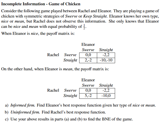 Solved Incomplete Information - Game of Chicken Consider the | Chegg.com