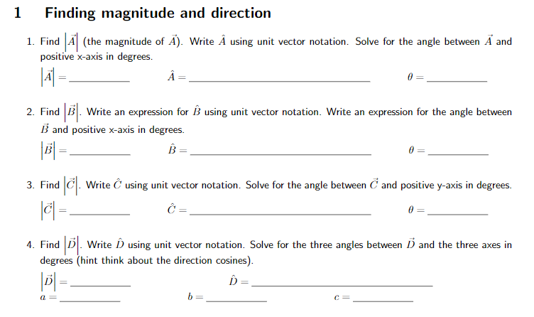 Solved 1 Finding magnitude and direction 1. Find |Ā| (the | Chegg.com