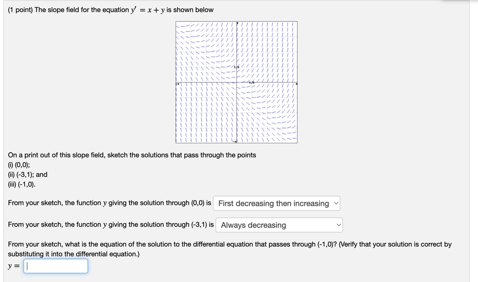 Solved ( 1 point) The slope field for the equation y′=x+y is | Chegg.com
