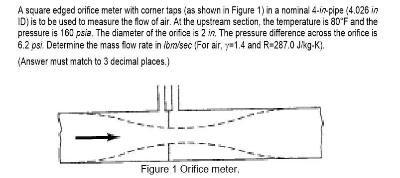 Solved A square edged orifice meter with corner taps (as | Chegg.com