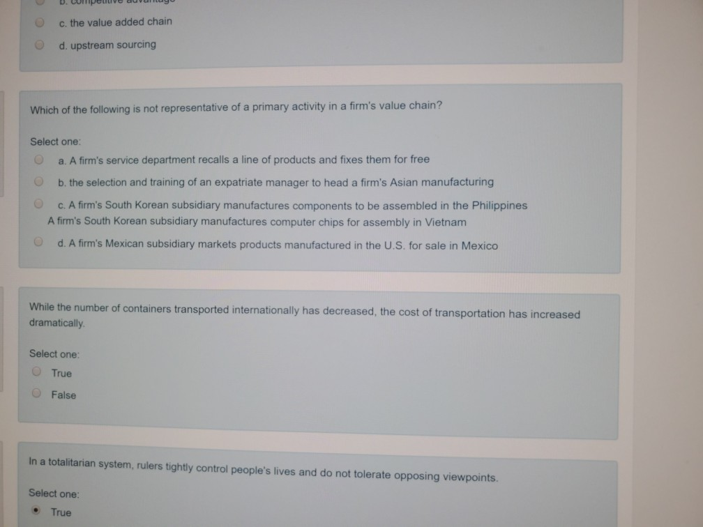 Solved c. the value added chain d. upstream sourcing Which | Chegg.com