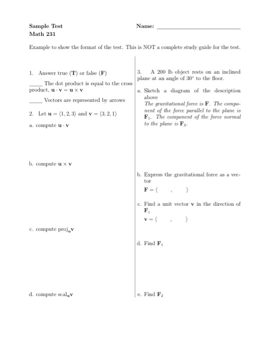 Solved Sample Test Math 231 Example to show the format of | Chegg.com