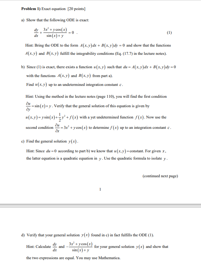 Solved Problem 1) ﻿Exact equation [20 ﻿points]a) ﻿Show that | Chegg.com