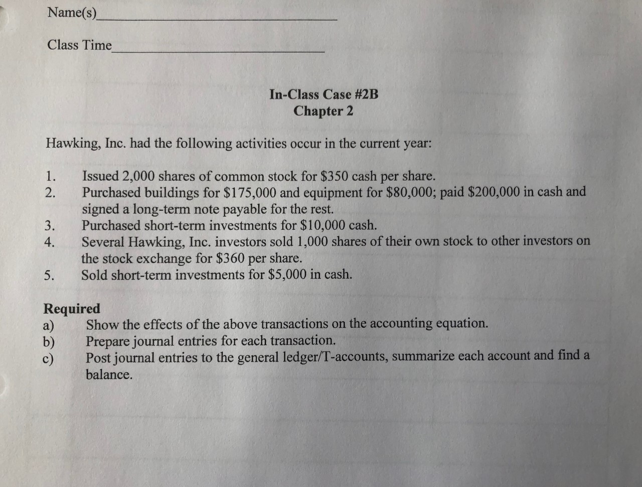 Solved Name(s) Class Time In-Class Case #2B Chapter 2 | Chegg.com