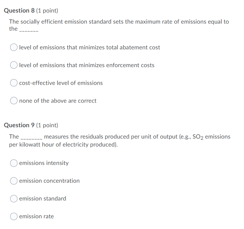 Solved Question 8 1 Point The Socially Efficient Emission