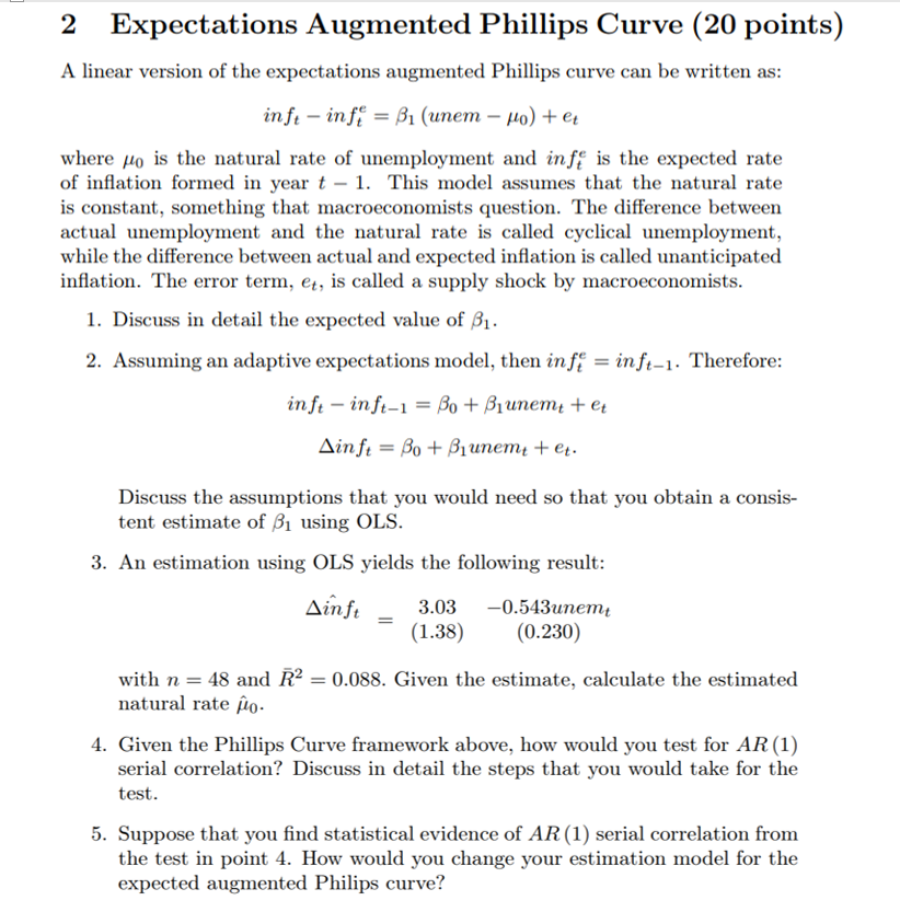2 Expectations Augmented Phillips Curve (20 points) A | Chegg.com