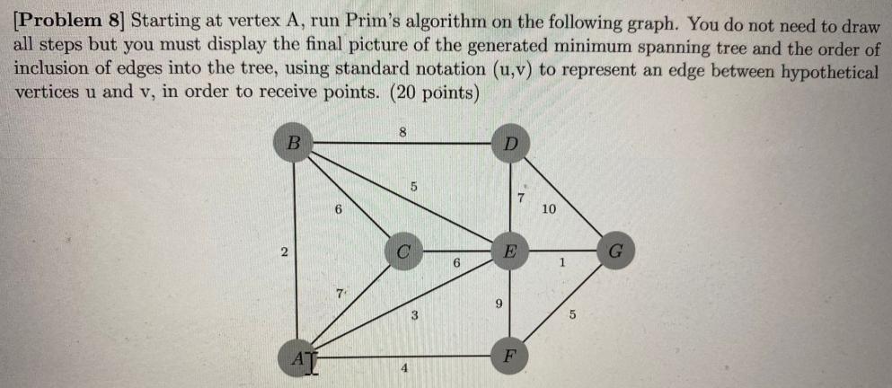 Solved [Problem 8] Starting at vertex A, run Prim's | Chegg.com