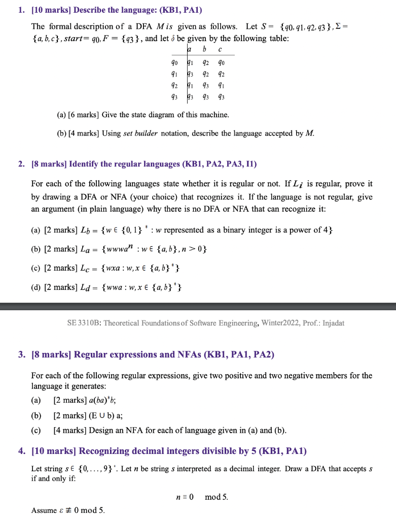 Solved с 1. [10 marks] Describe the language: (KB1, PA1) The | Chegg.com