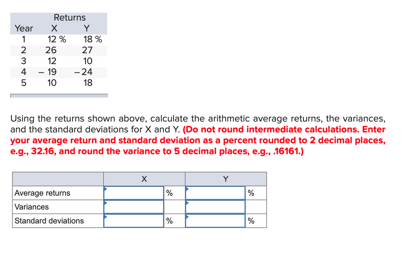 Solved Year 1 2 3 4 5 Returns Х Y 12 % 18 % 26 27 12 10 – 19 | Chegg.com
