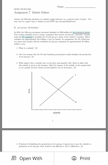Name ECON 100 Fall 2018 Assignment 7: Market Failure | Chegg.com