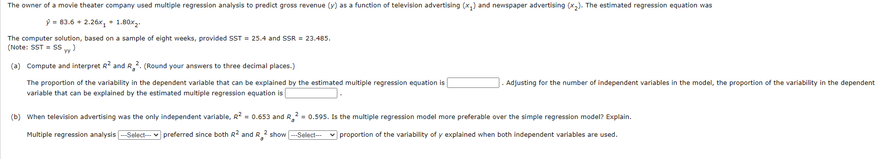 Solved y^=83.6+2.26x1+1.80x2 computer solution, based on a | Chegg.com