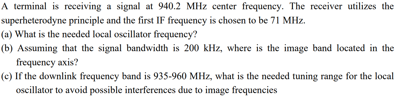 Solved A terminal is receiving a signal at 940.2 MHz center | Chegg.com