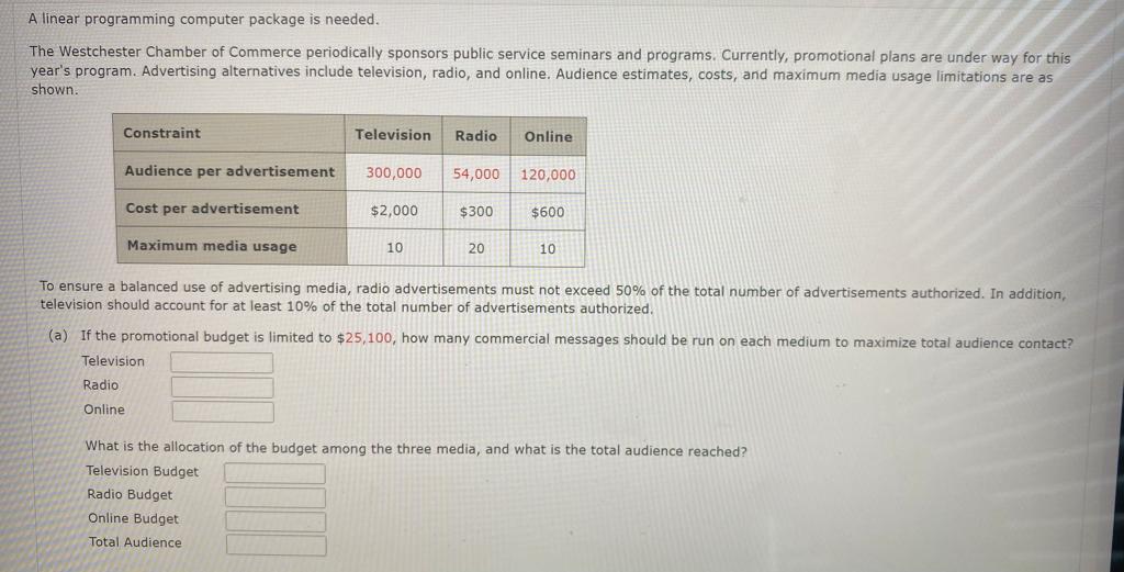 Solved A Linear Programming Computer Package Is Needed The 