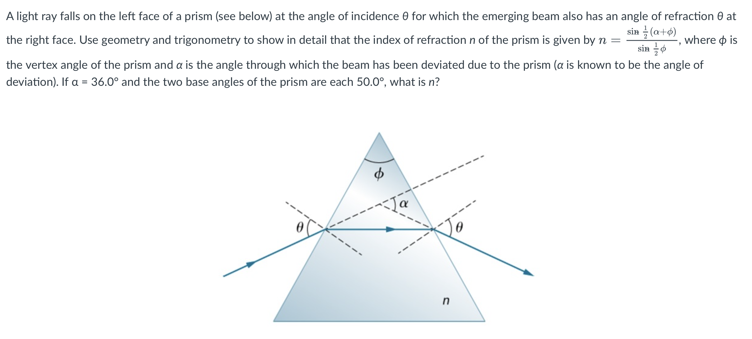 Solved A light ray falls on the left face of a prism (see | Chegg.com