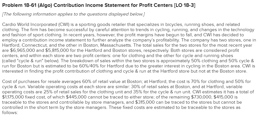 Solved Problem 18-61 (Algo) Contribution Income Statement | Chegg.com