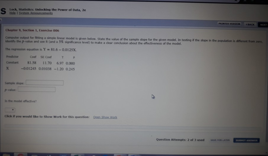 Solved computer output for fitting a simple linear model is | Chegg.com
