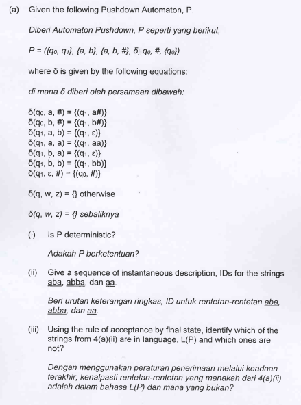 Solved (a) Given the following Pushdown Automaton, P1 Diberi | Chegg.com