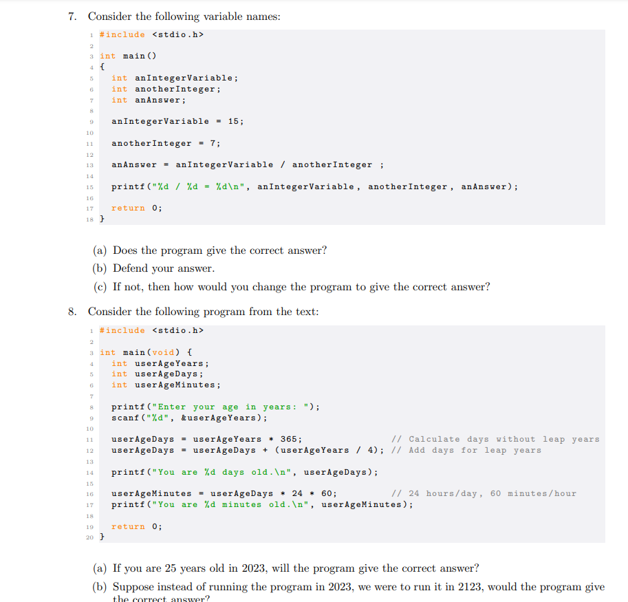 Solved 7. Consider the following variable names: \#include | Chegg.com