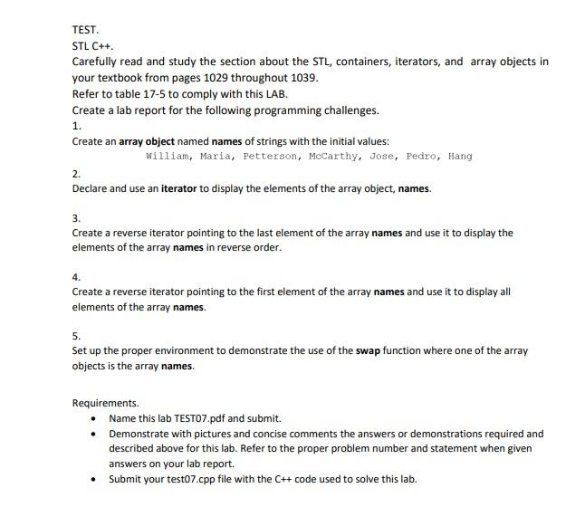 TEST. STL C++. Carefully read and study the section | Chegg.com
