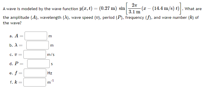 Solved A wave is modeled by the wave function y(x,t)=(0.27 | Chegg.com