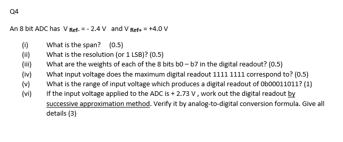 Solved 04 An 8 bit ADC has V Ref- = -2.4 V and V Ref+ = +4.0 | Chegg.com