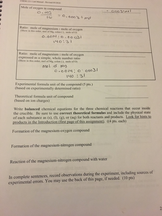 Solved CHEM 1211 Lab Manual Revised 05201s Mole of oxygen in | Chegg.com