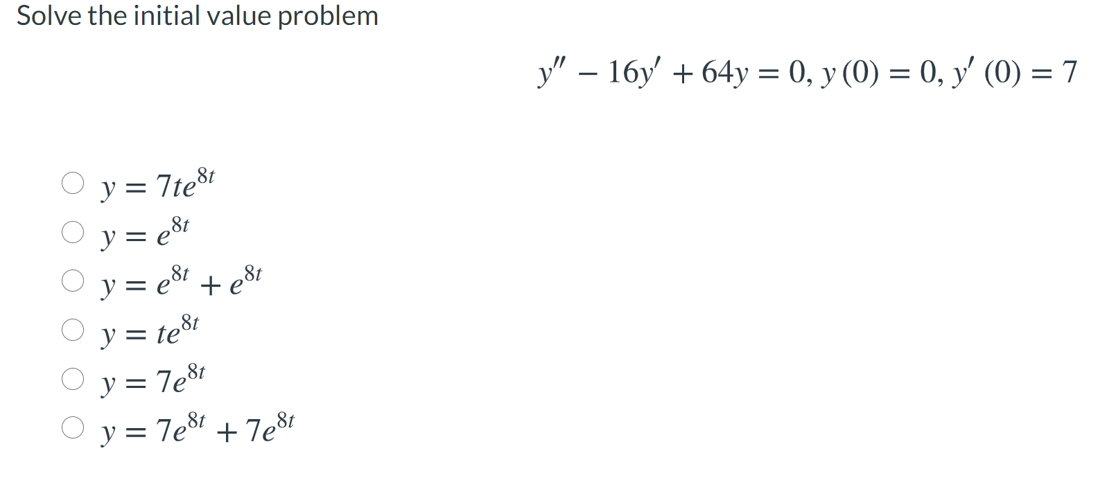 Solved Solve the initial value problem y" – 16y' +64y = 0, | Chegg.com