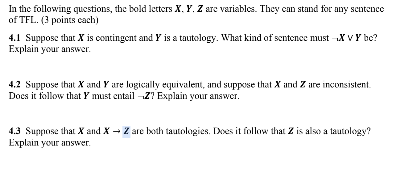 Solved In the following questions, the bold letters X, Y, Z | Chegg.com