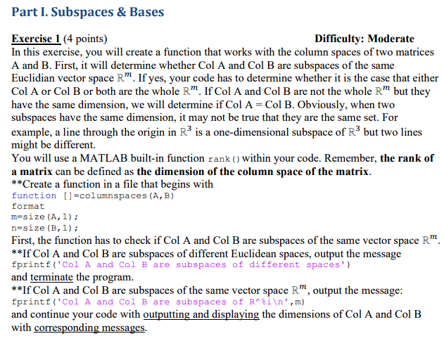 Solved Part I. Subspaces & Bases Exercise 1 (4 points) | Chegg.com