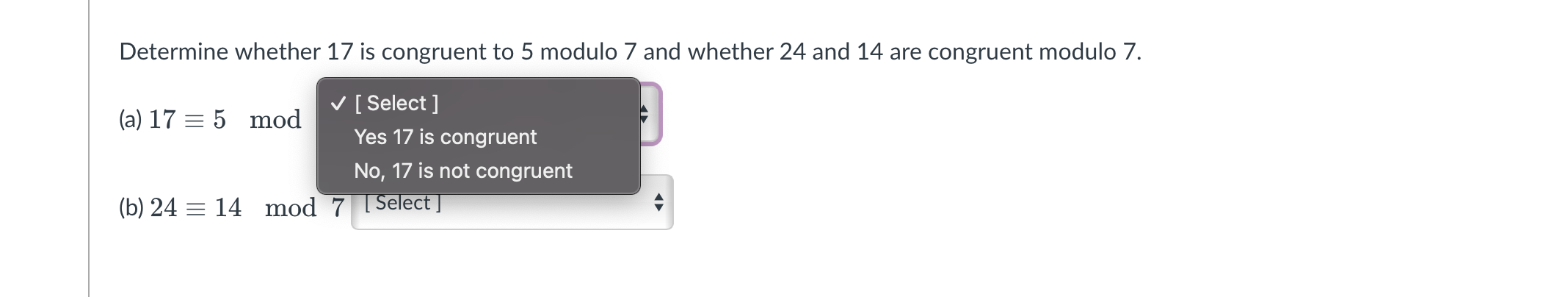 Solved Determine whether 17 is congruent to 5 modulo 7 and | Chegg.com