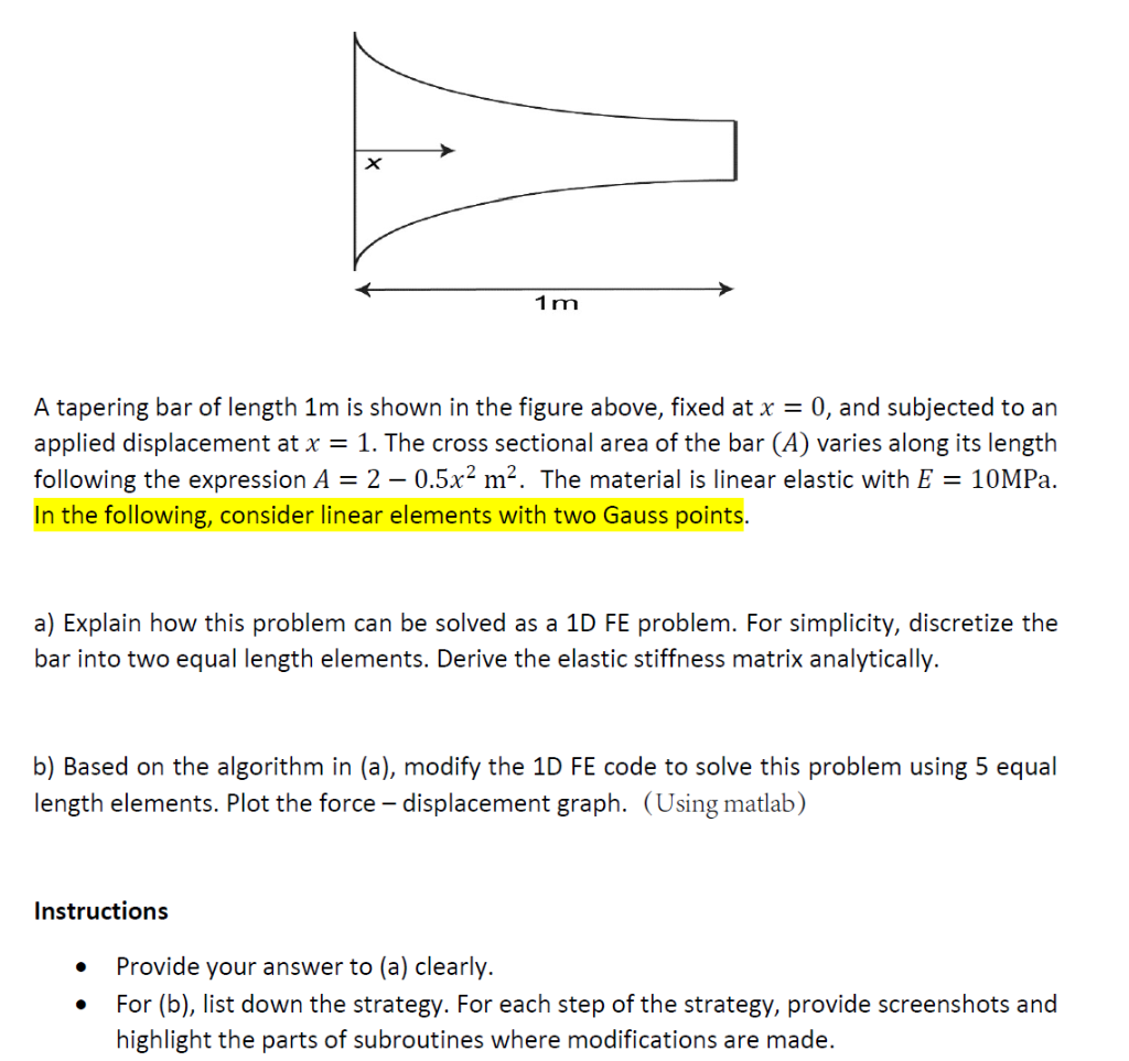 Solved A tapering bar of length 1m is shown in the figure | Chegg.com