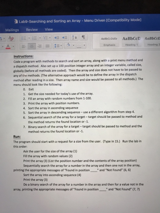 Solved Lab9-Searching and Sorting an Array - Menu Driven | Chegg.com