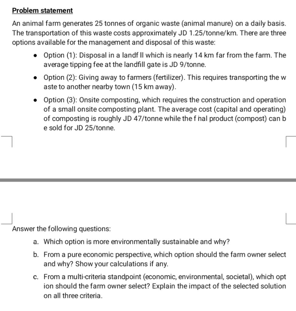 Solved Problem statement An animal farm generates 25 tonnes | Chegg.com