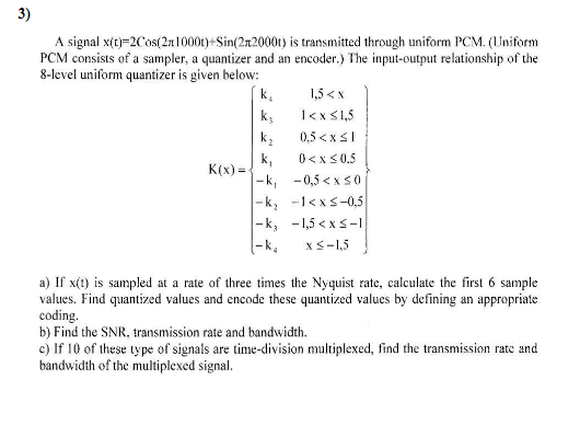 Solved 3) A signal x(t)=2COS( 211000t)+Sin(212000t) is | Chegg.com