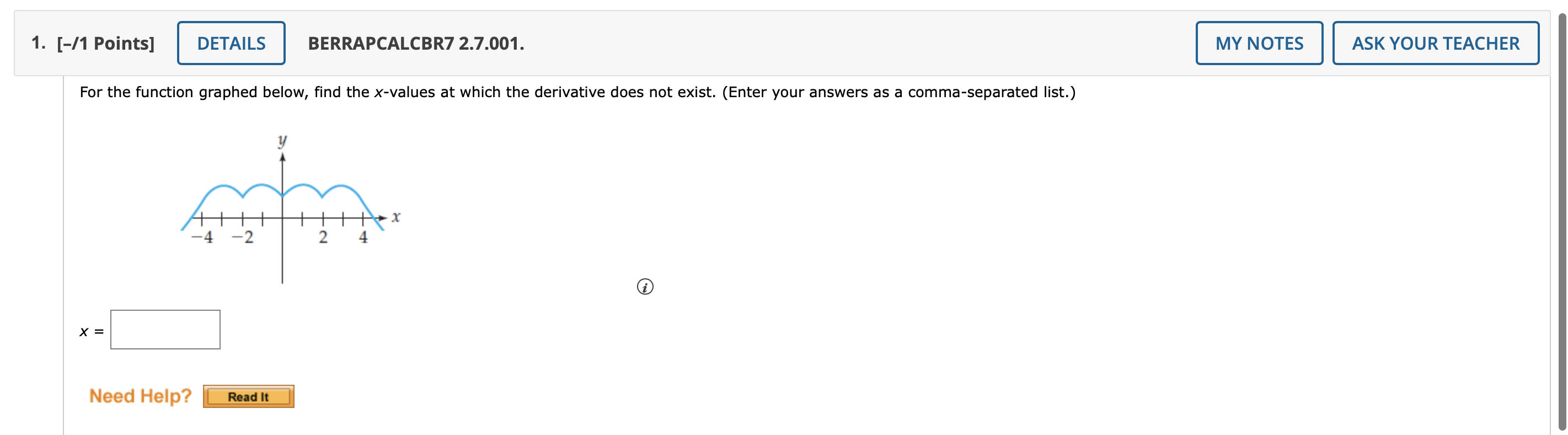 Solved 1. [-/1 Points] DETAILS BERRAPCALCBR7 2.7.001. MY | Chegg.com