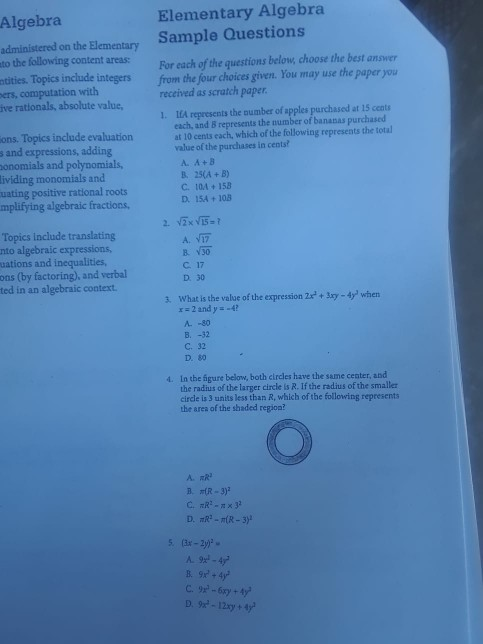 Solved Elementary Algebra Sample Questions Algebra | Chegg.com