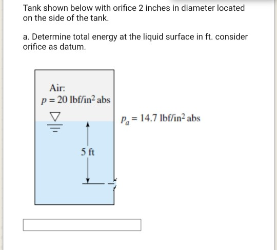 Solved Tank shown below with orifice 2 inches in diameter | Chegg.com