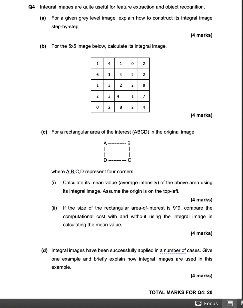 Solved Q4 Integral images are quite useful for feature | Chegg.com