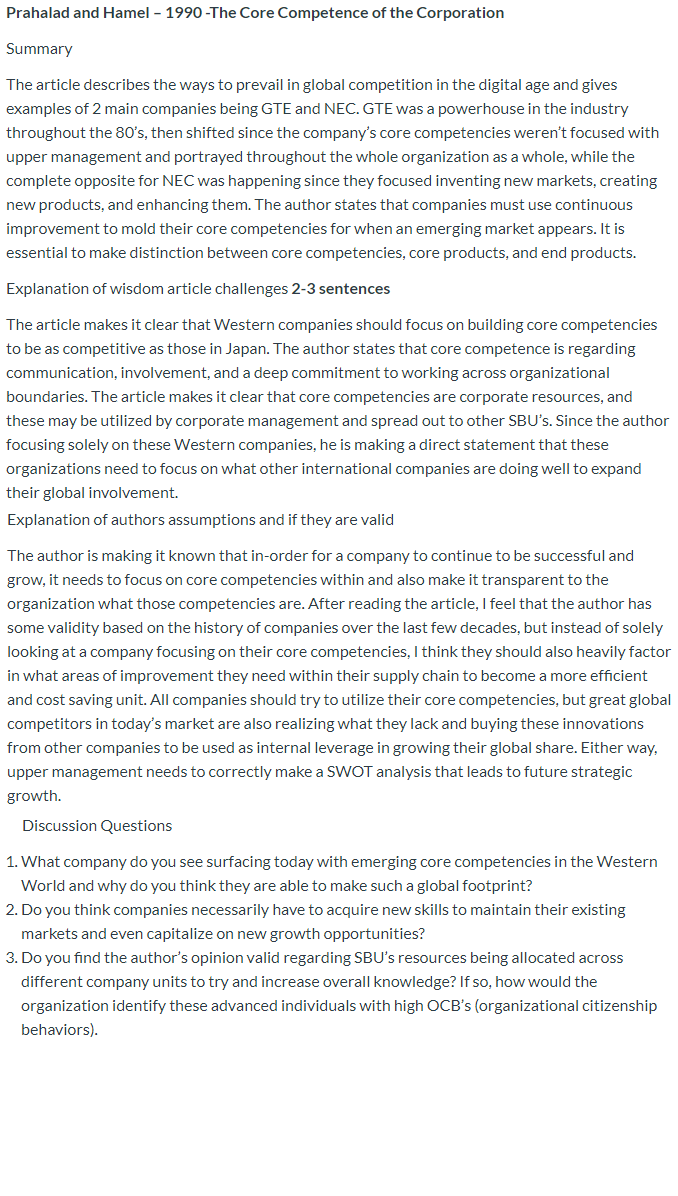 Solved Prahalad and Hamel – 1990 -The Core Competence of the | Chegg.com
