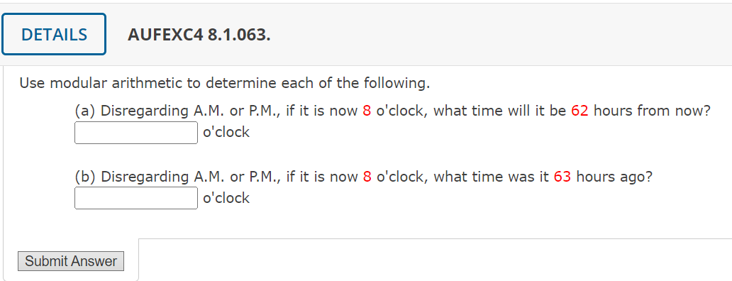 Solved AUFEXC4 8.1.063. Use modular arithmetic to determine | Chegg.com