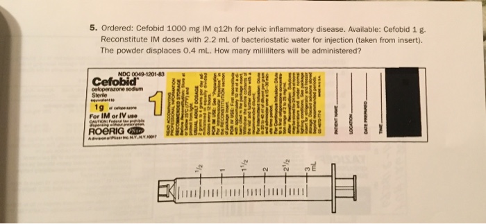 Solved 5. Ordered: Cefobid 1000 mg IM q12h for pelvic | Chegg.com