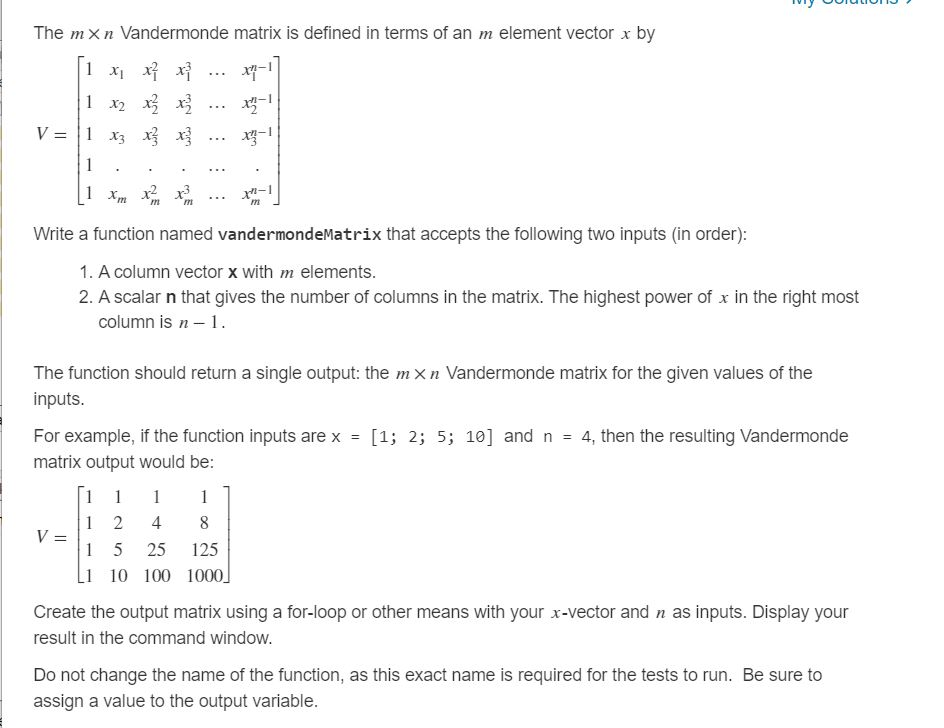 Solved IVIY UUIULUI The mxn Vandermonde matrix is defined in | Chegg.com