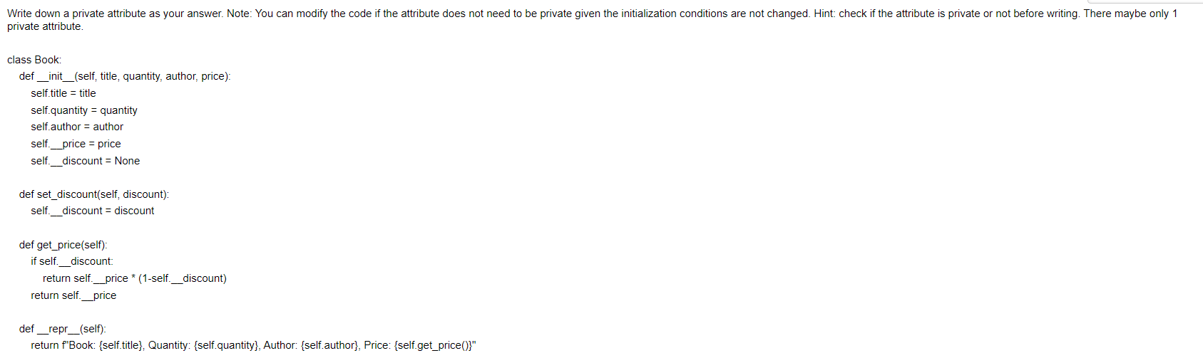 Solved private attribute. class Book: def_init_(self, title, | Chegg.com