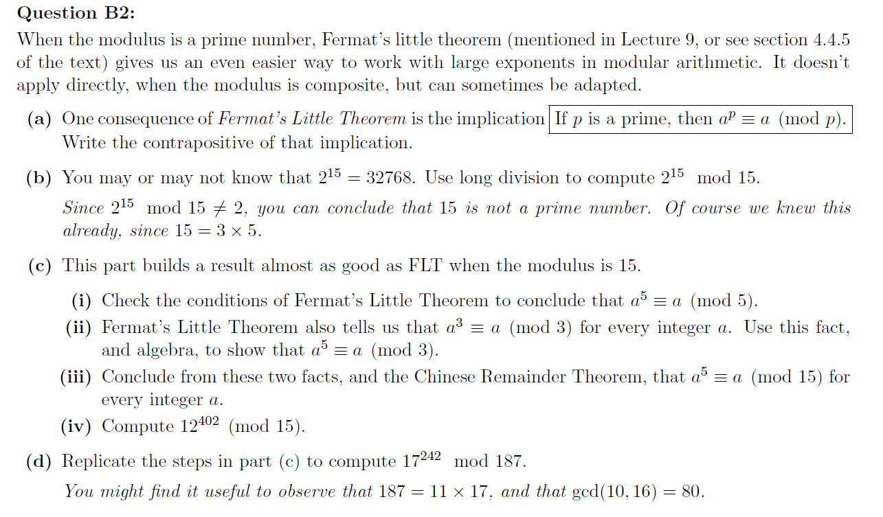 Solved Question B2: When the modulus is a prime number, | Chegg.com