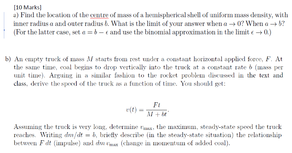 Solved [10 Marks] a) Find the location of the centre of mass | Chegg.com