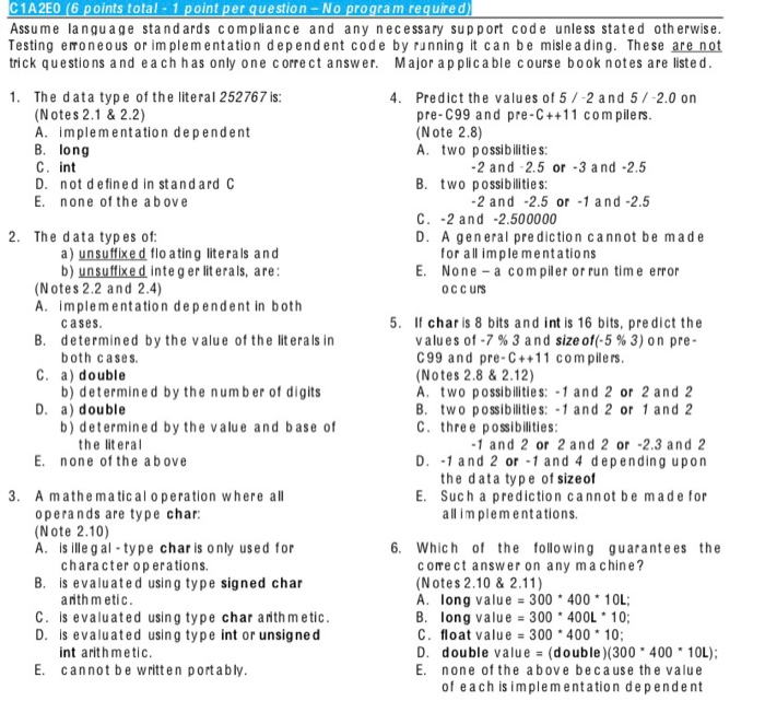 Solved C1A2E0 (6 points total 1 point per guestion- No | Chegg.com