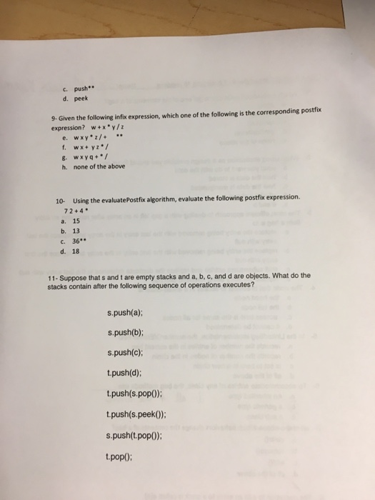 Solved push c, d. peek 9-Given the following infix | Chegg.com