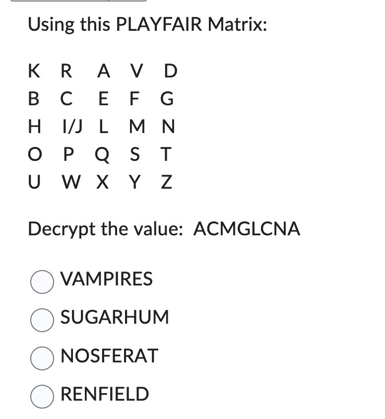 Solved Using this PLAYFAIR Matrix: Decrypt the value: | Chegg.com
