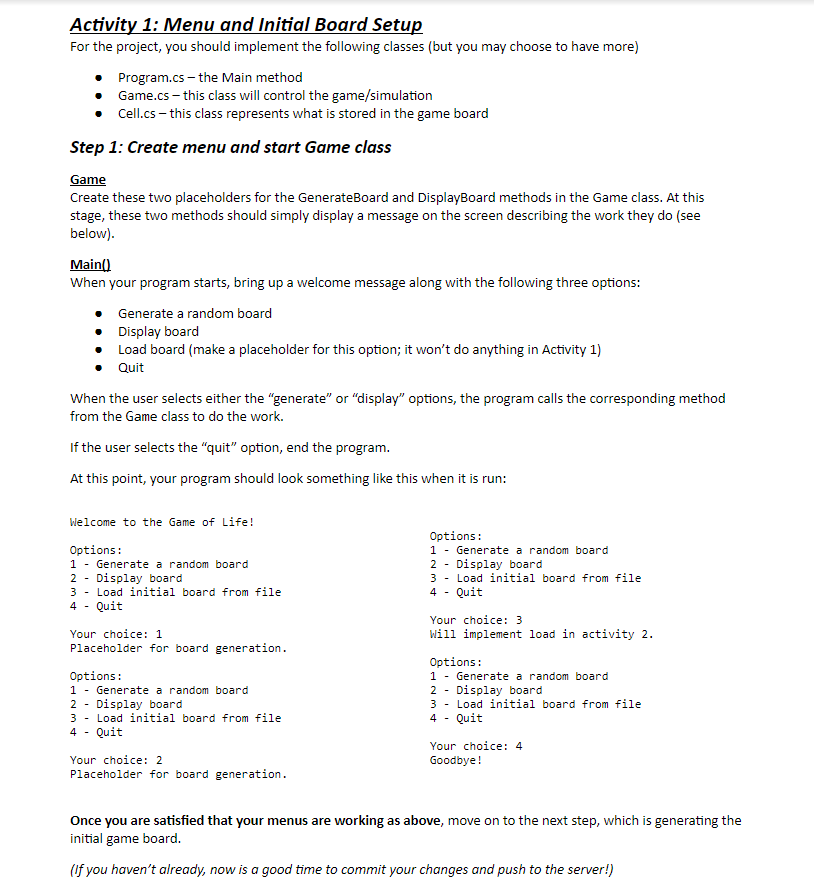 Solved Activity 1: Menu and Initial Board Setup For the | Chegg.com