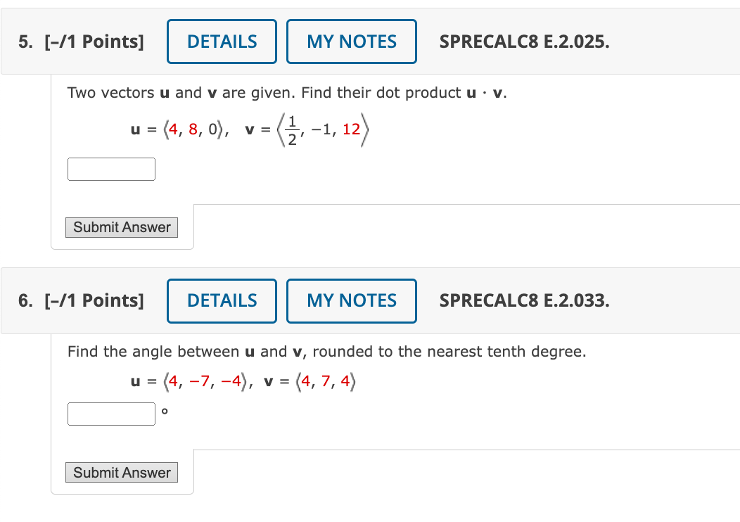 Solved [-/1 ﻿Points]Two vectors u ﻿and v ﻿are given. Find | Chegg.com